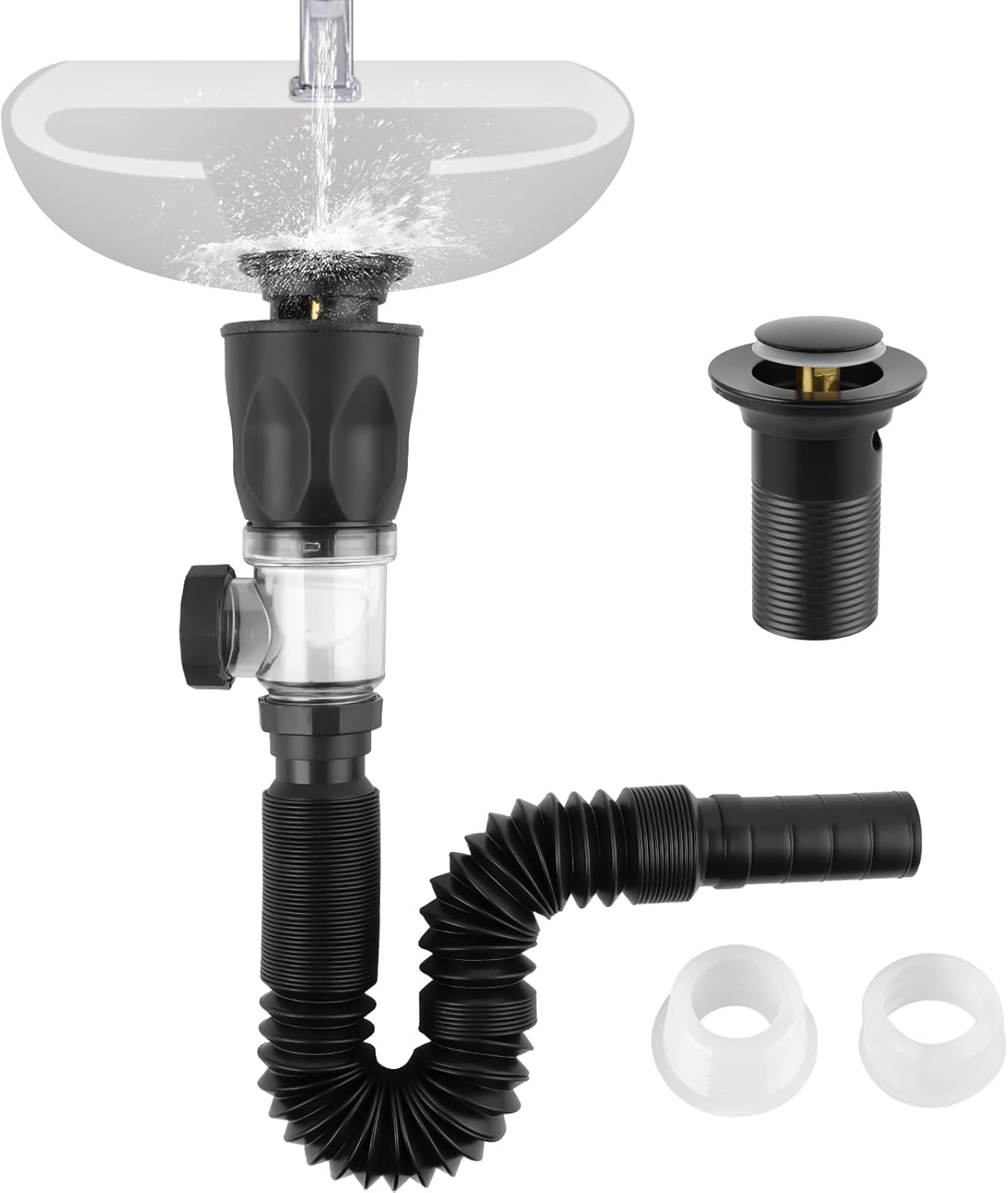 iFealClear Bathroom Sink Drain Kit, Flexible P-Trap Drain Pipe with Pop ...
