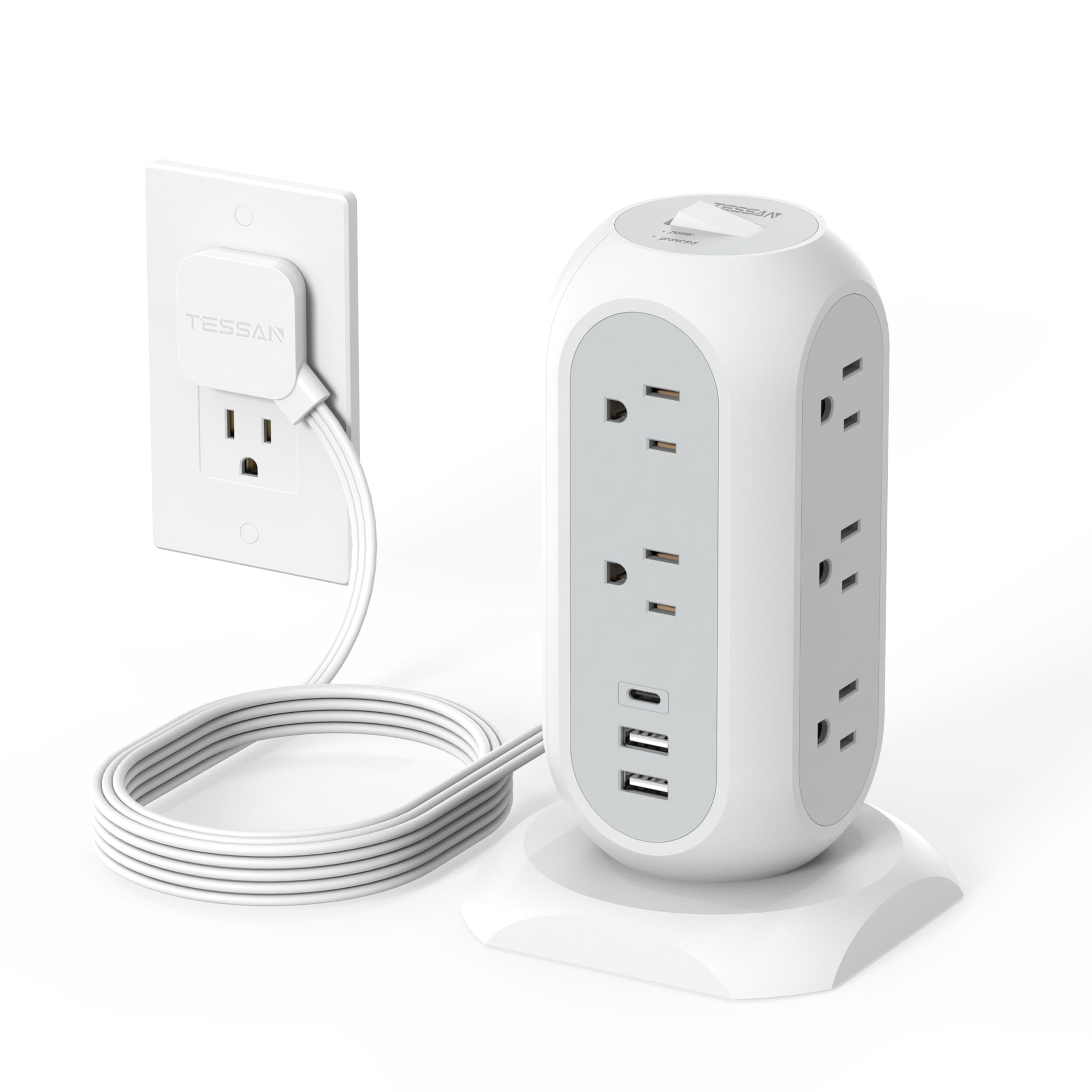 Surge Protector Tower Power Bar with 1050J Protection, TESSAN Flat Plug ...