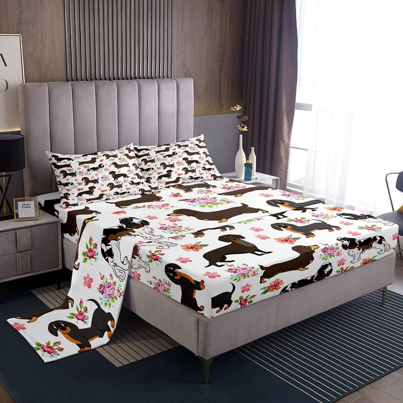 Amazon.com: Dachshund Duvet Cover Pink Floral Sausage Dog Sheet Set ...