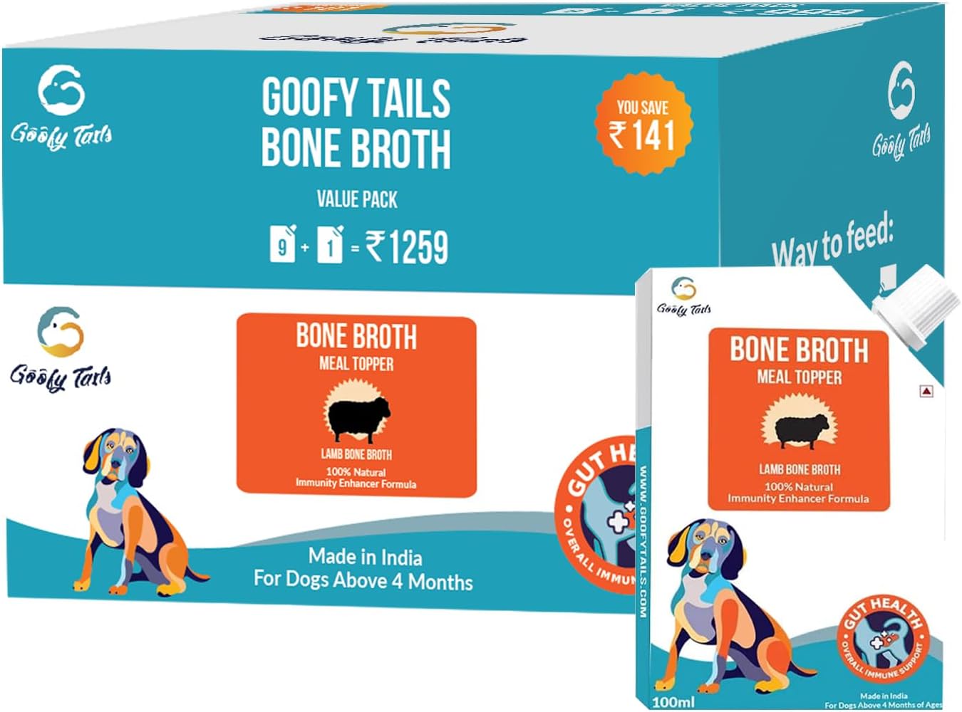 Goofy Tails Lamb Bone Broth for Dogs (Value Pack 9+1) 1000 ml (100 ml X ...