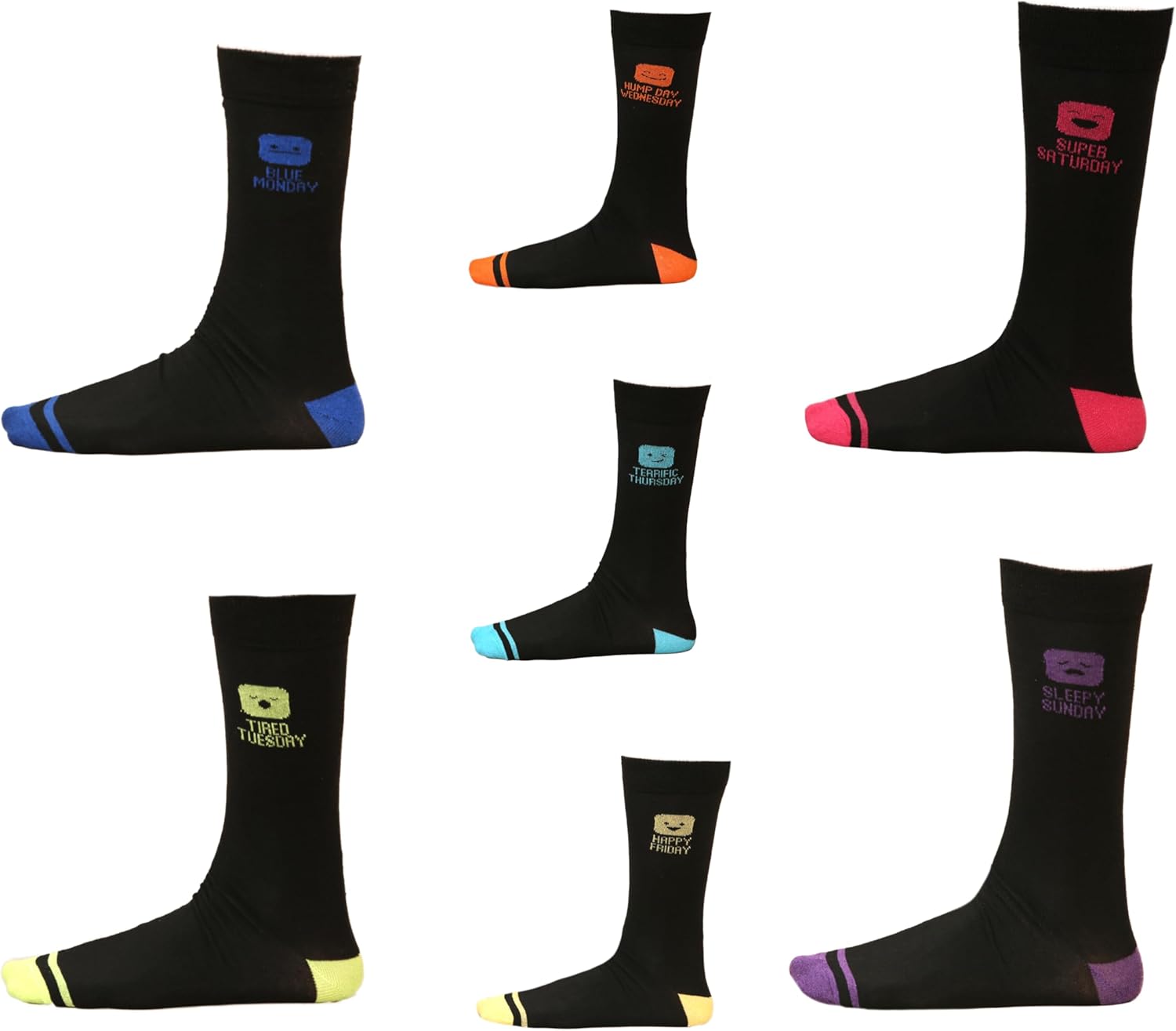 John Rider 7 Pairs of Mens Days of the Week Novelty Socks, UK Mens Shoe ...