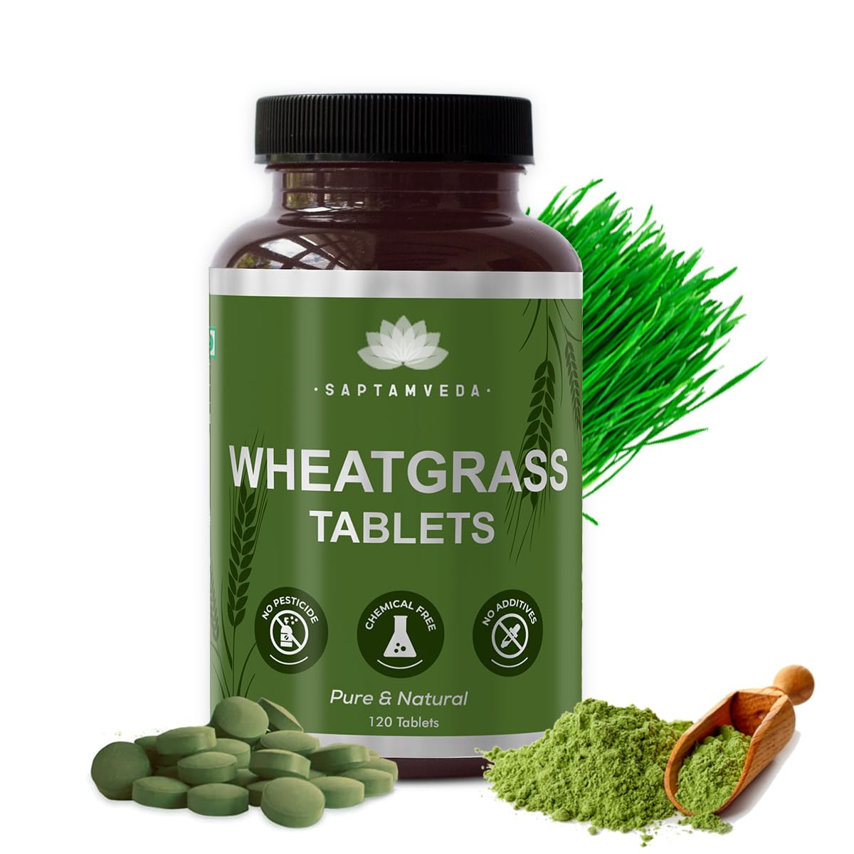 SAPTAMVEDA Organic Wheat Grass Tablets (120 Tablets, 500mg) - Natural ...