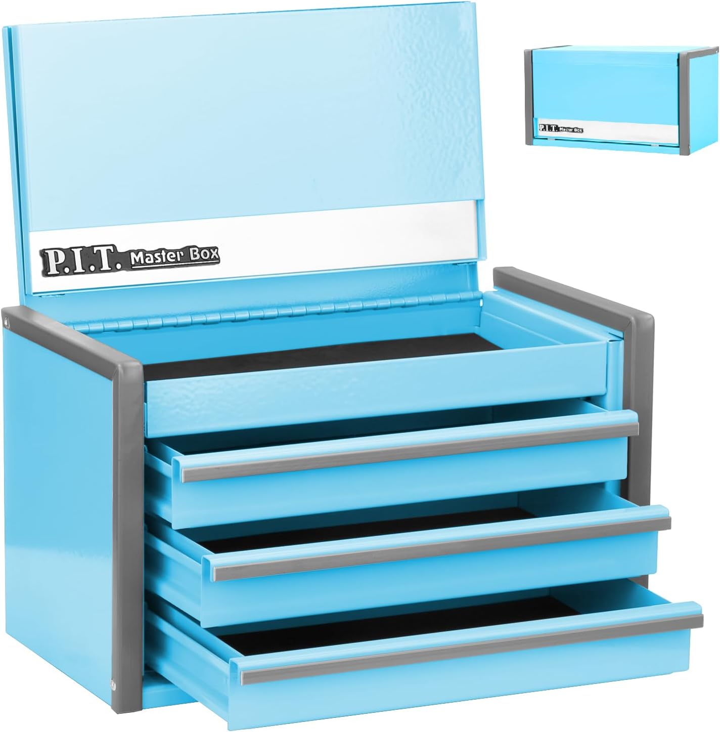 P.I.T. Mini Capri Blue Tool Box, Portable 3 Drawer Steel Tool Box with ...
