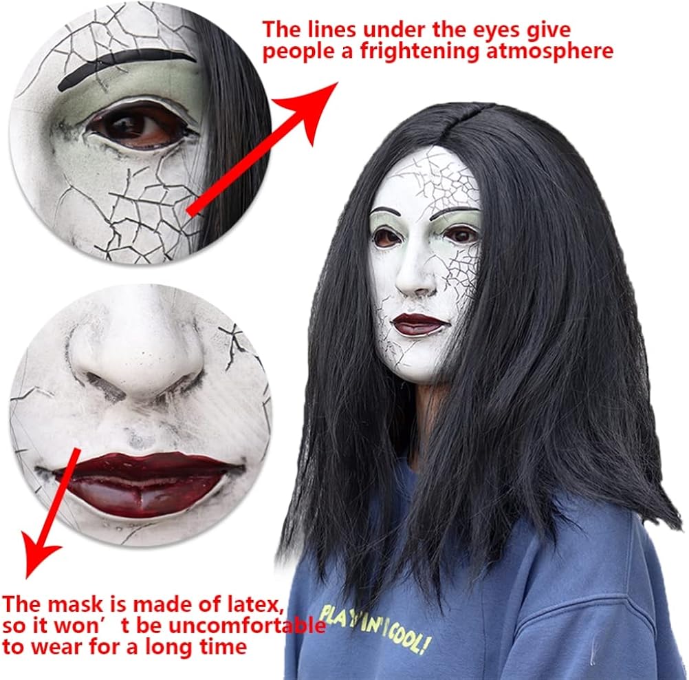 Amazon.com: Halloween Creepy Woman Mask with Long Hair Wigs ,Scary ...