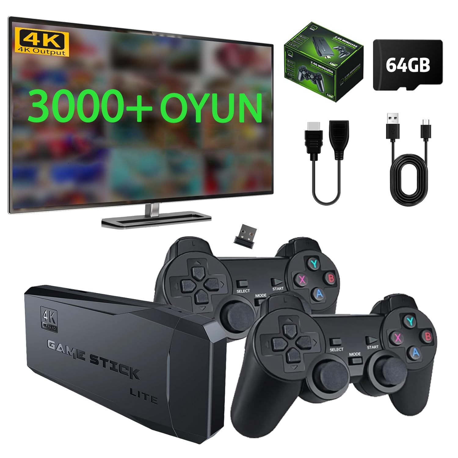 Kablosuz Çift Kol Oyun Konsolu 3000+ Oyun 4K Full HD Oyun Konsolu Game ...