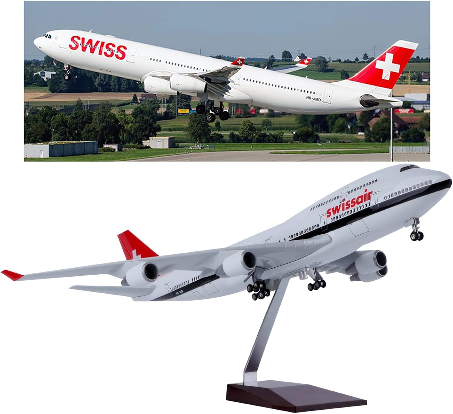 B747 Swiss Air Prototype Aircraft Model 1:150 Scale Alloy Die-Cast Replica with Lights ...