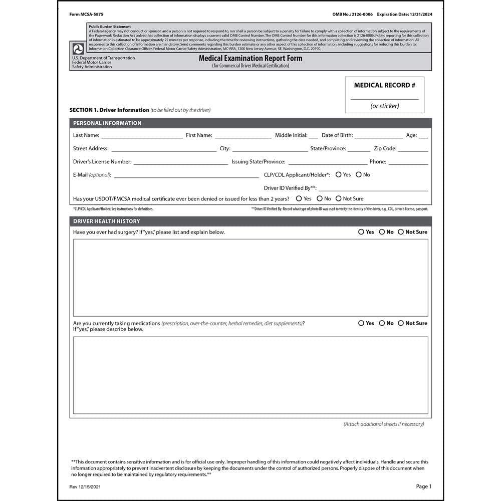 Medical Examination Report Form 5 pk 8 5 X 11 Commercial Driver Medical Certification To medical-examination-report-form-5-pk-8-5-x-11-commercial-driver-medical-certification-to