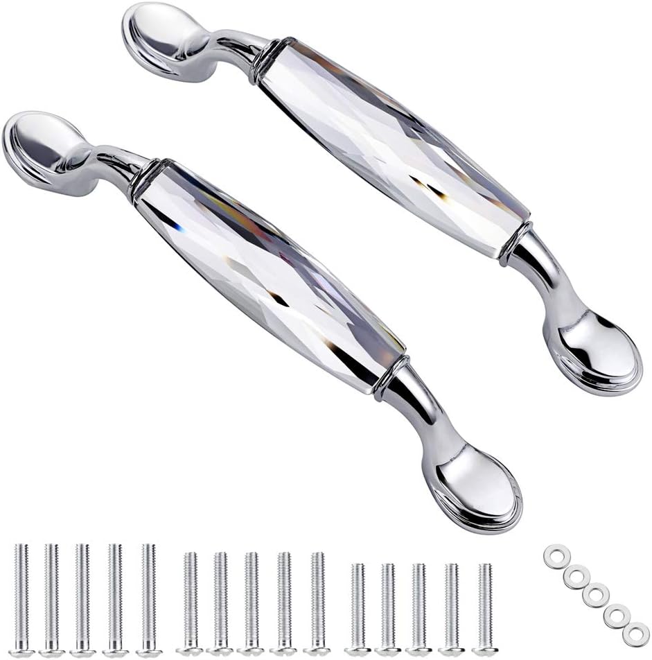 JUXYES Pack of 2 Crystal Cabinet Handles Pulls, Chrome Silver Glass ...