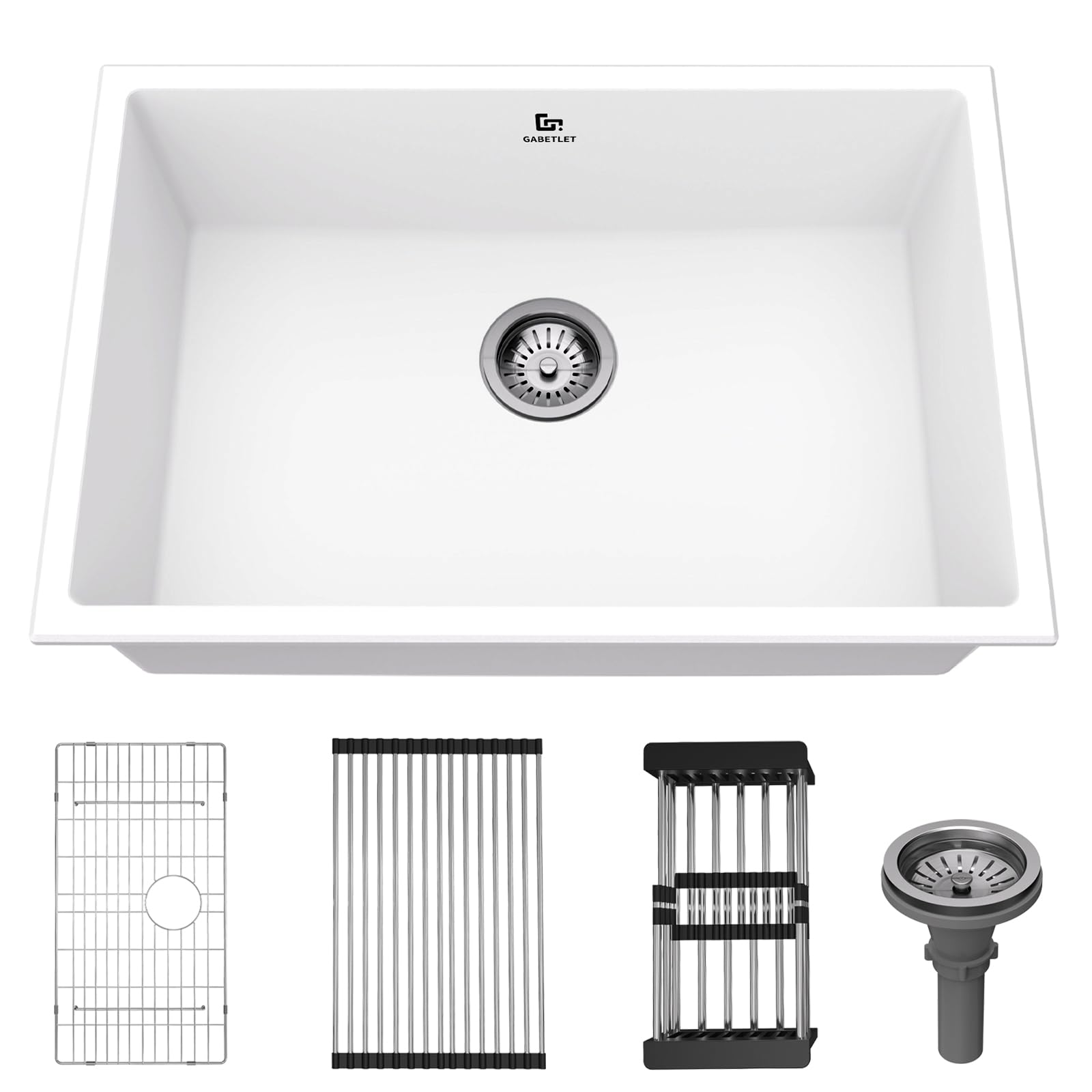 GABETLET Quartz Kitchen Sink, 27 Inch White Undermount Kitchen Sink ...