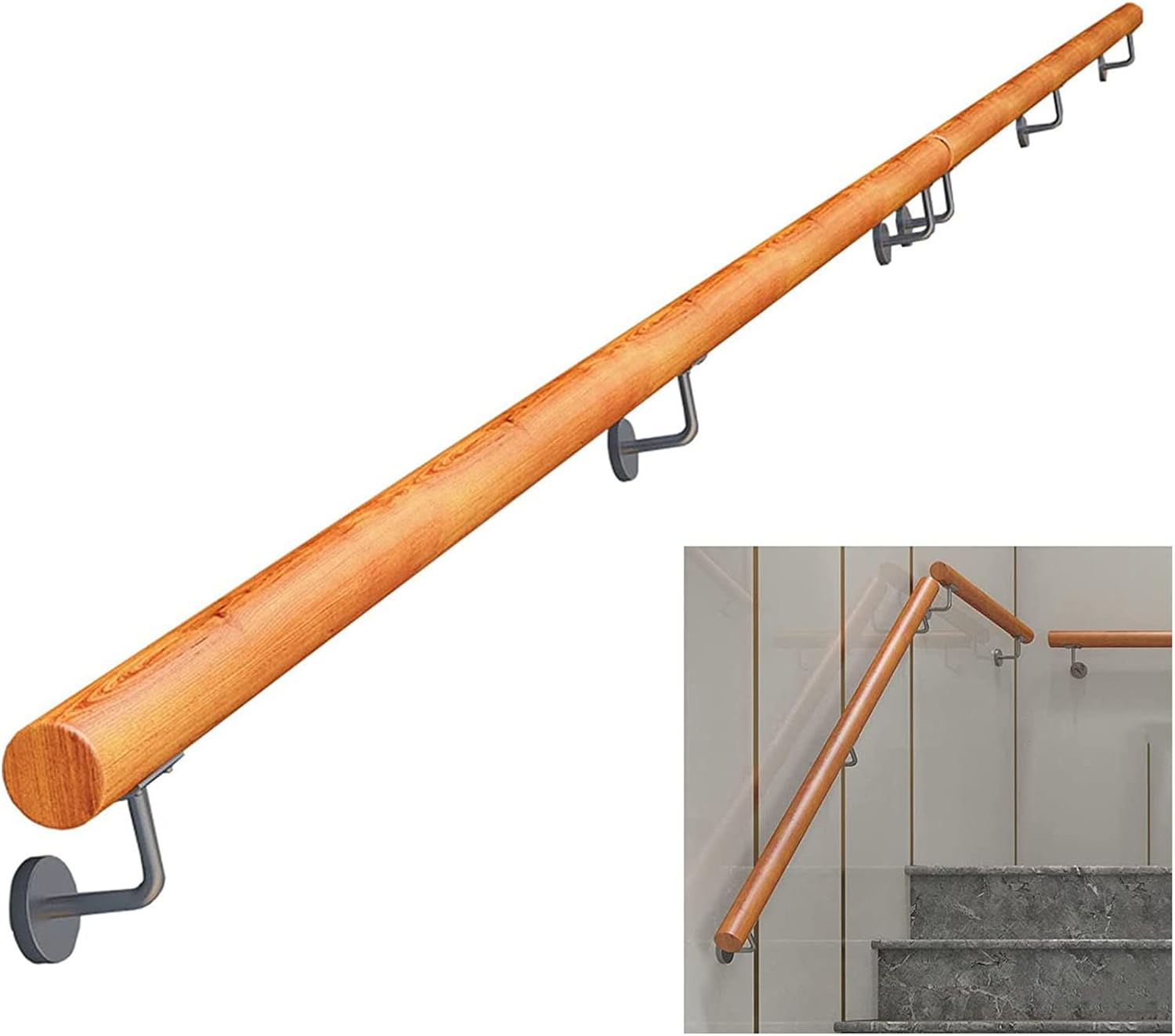 BK&MF Round Wooden Handrail,1ft-20ft Complete Kit, Indoor Loft Non-Slip ...
