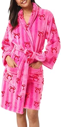 Leyajedol Women Plush Fleece Shawl Robe Heart Bow Print Fuzzy Bathrobe ...