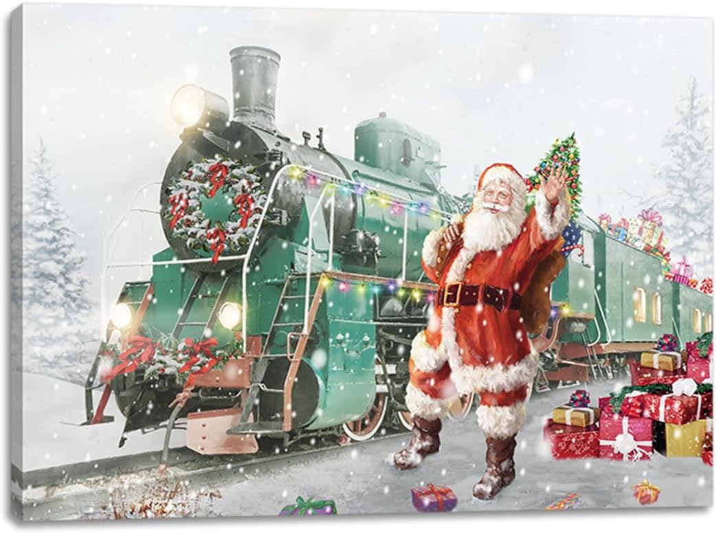 Amazon.com: alottagifts Santa Claus Train Lighted Canvas Wall Art Print ...