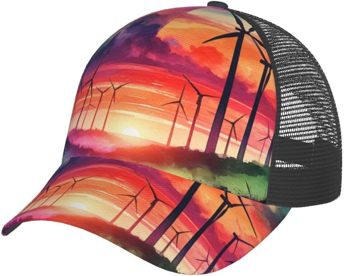 Men's Mesh Back Adjustable Fit Cap Watercolor-Wind-Turbines Women ...