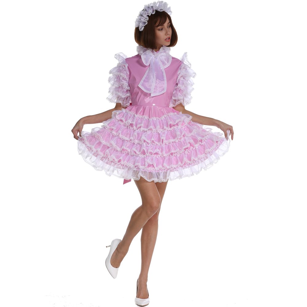 GOceBaby Adult Sissy Girl Maid Pink PVC Lockable Puffy Dress Costume ...