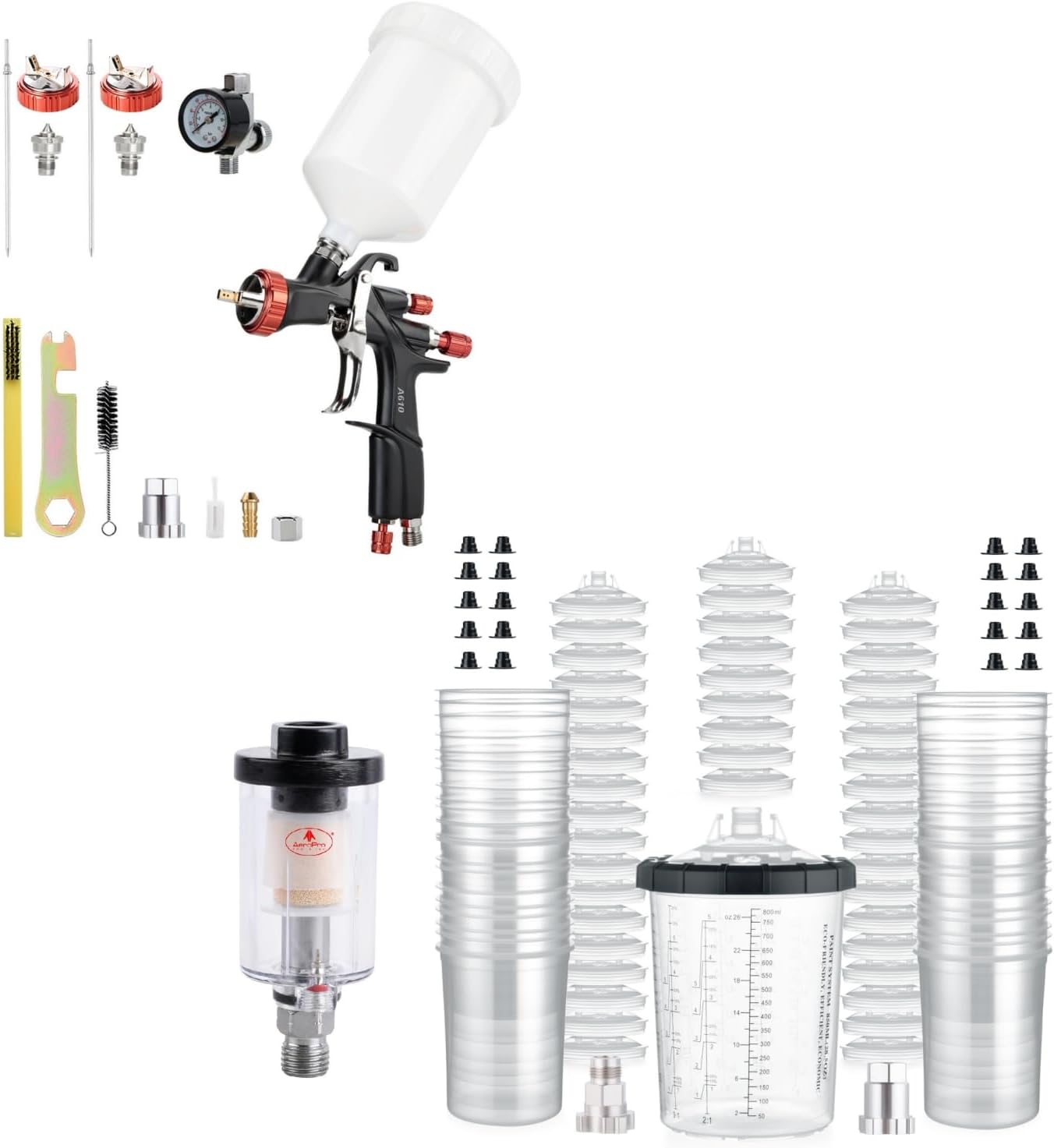 AEROPRO Tools A610 Spray Gun Kit & 50 Pack 28 Ounce Disposable Paint ...