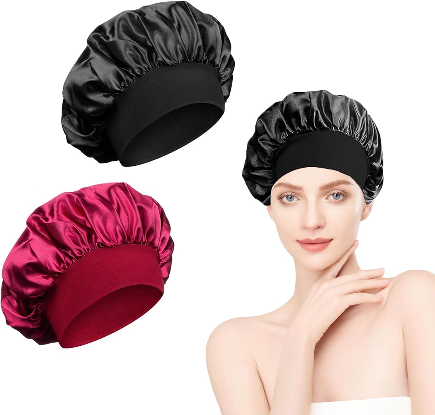 2 Pcs Satin Bonnet,Night Sleep Caps with Wide Elastic Band,Silk Bonnet ...