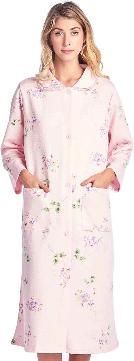 Casual Nights Women's Quilted House Coat Button Down Robe Long Sleeve ...
