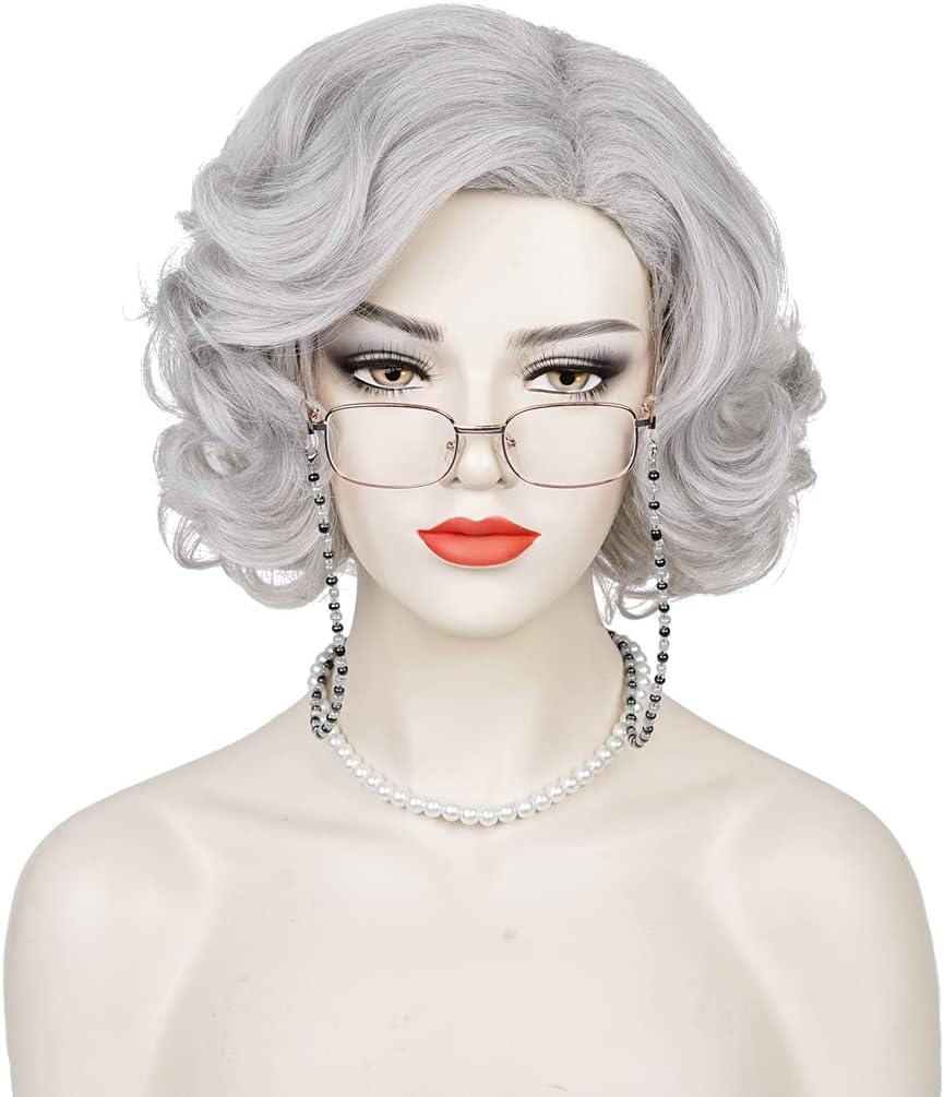 Amazon.com: AMZCOS Short Old Lady Granny Curly Wig for Women Grandma ...