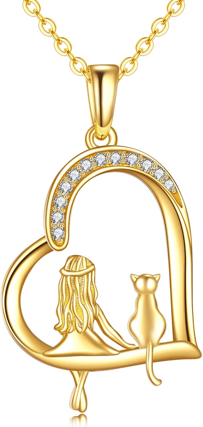 Amazon.com: KECHO 14k Gold Cat Pendant Necklace With Love Heart - Fine ...
