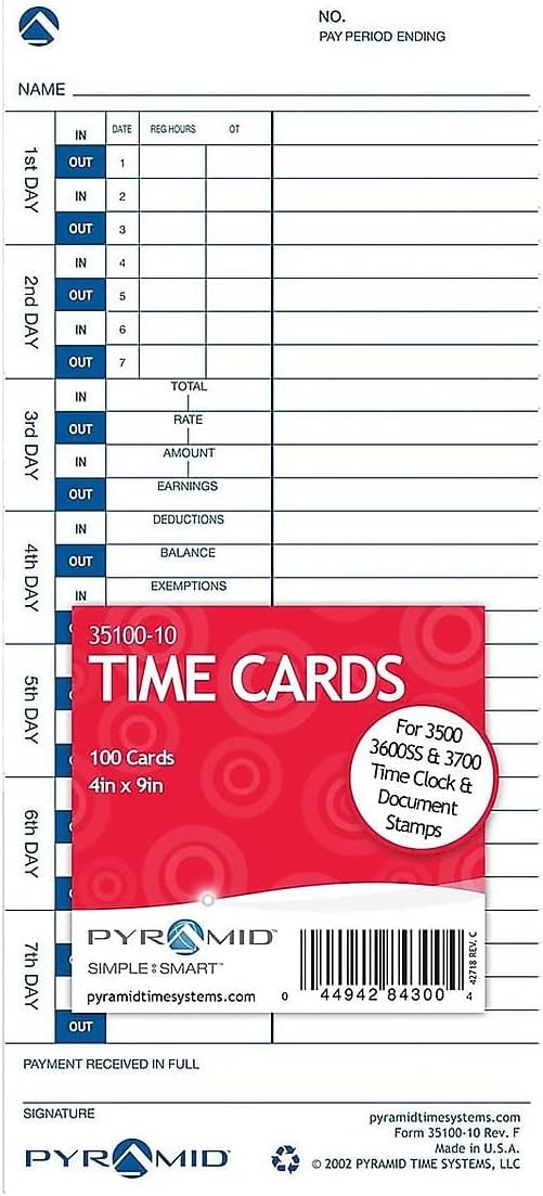 Amazon.com : Pyramid 3510010 Time Cards F/Time Recorder 100/Pk Black ...