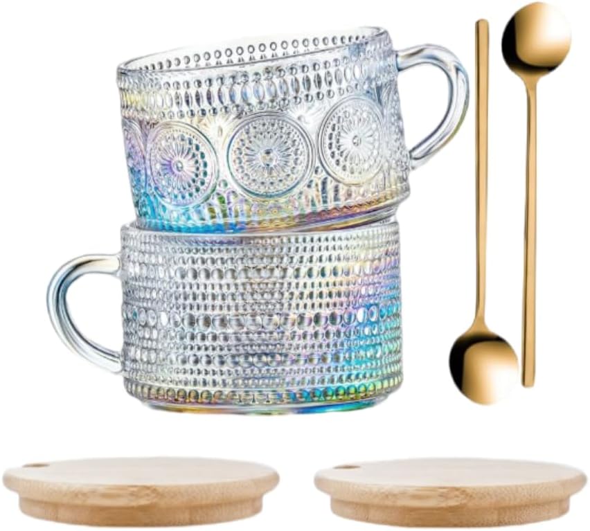 Amazon.com: Vintage Glass Coffee Mugs | Set of 2 14oz. Iridescent ...