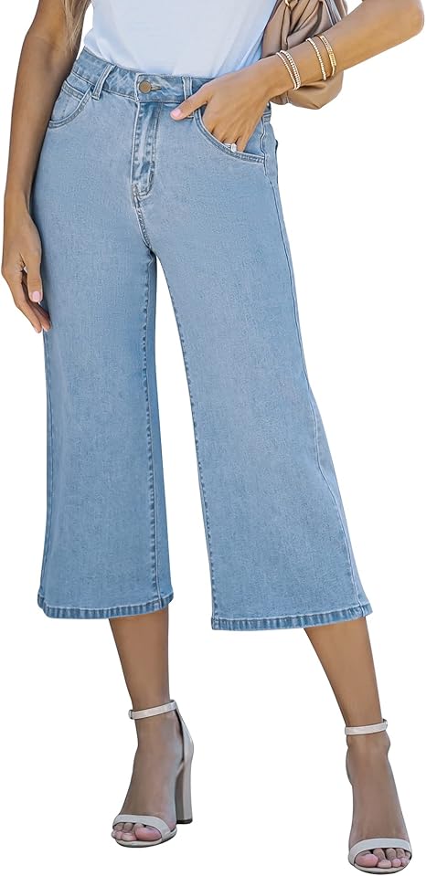 Vetinee Wide Leg Capri Jeans for Women High Waisted Stretch Cropped ...