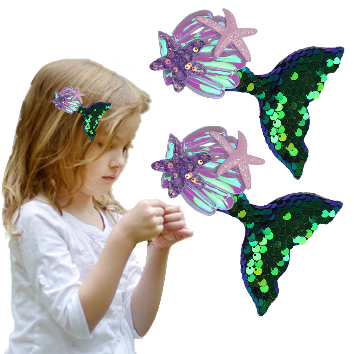 Amazon.com : Mermaid Hair Clips Green Sequins Reversible Fish Tail Hair ...