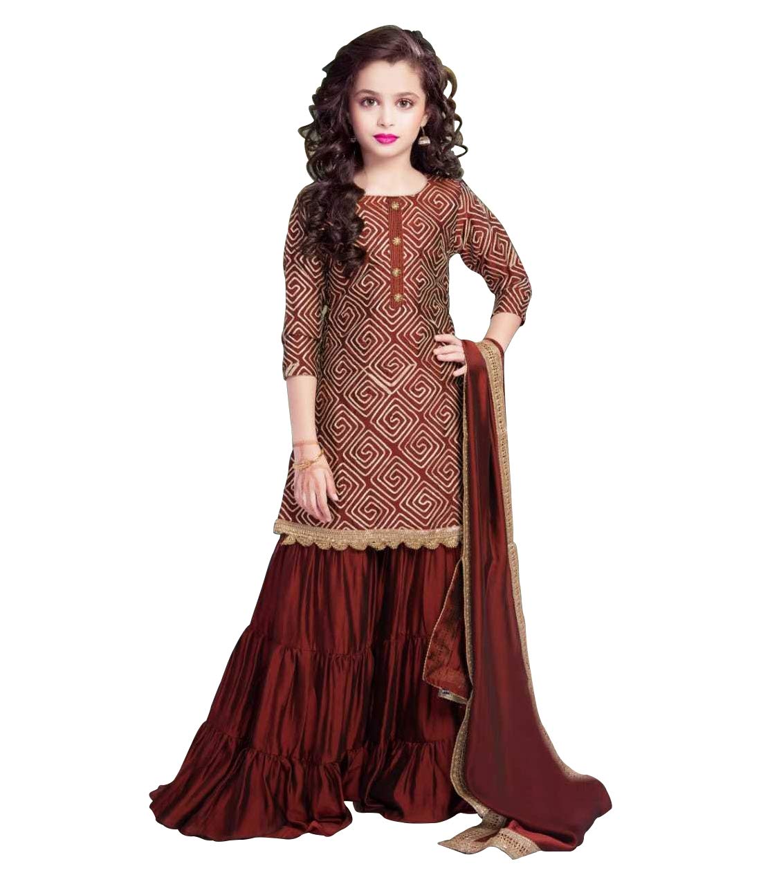 Buy CARTYSHOP Girl's Maroon Vichitra Silk Ribbon Work ReadyMade Sharara ...