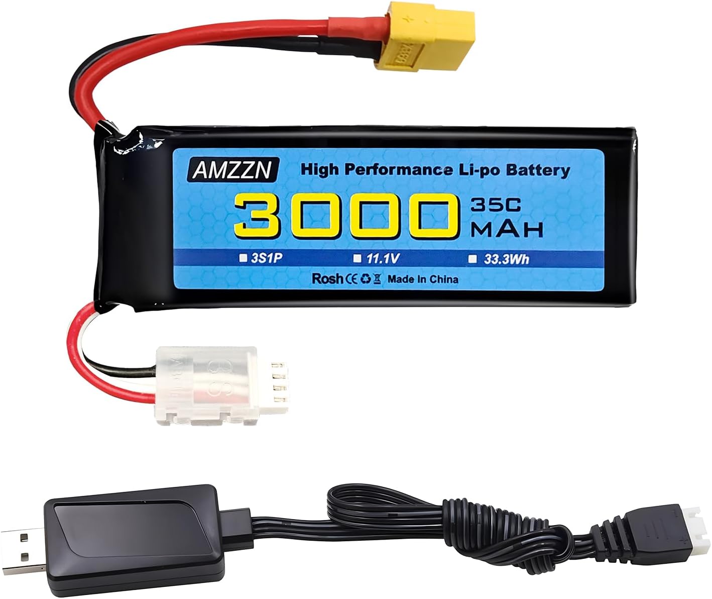 Amazon.com: AMZZN 3S Lipo Battery 11.1V 3000mAh 35C with XT-60 Plug and USB Charging Cable for ...