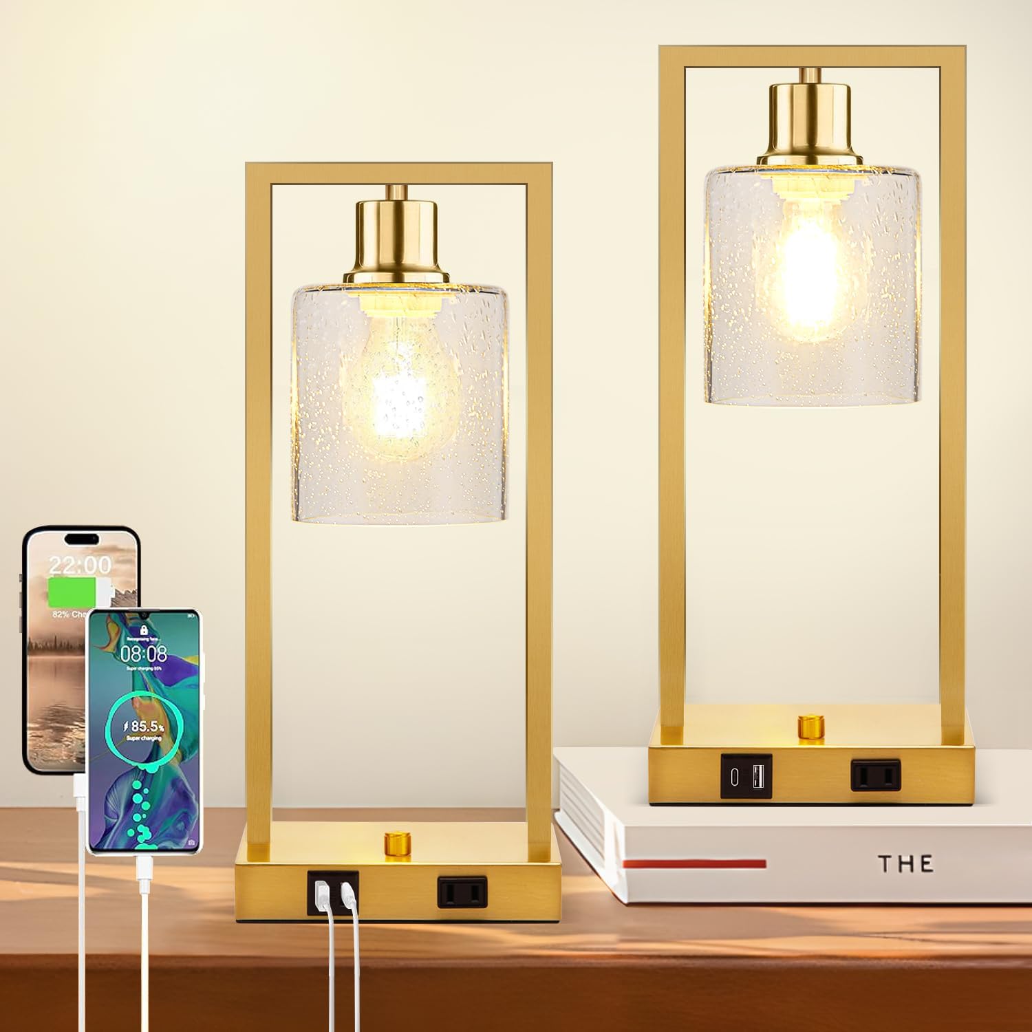 16" Set of 2 Gold Industrial Table Lamps with USB A+C Charging Ports ...