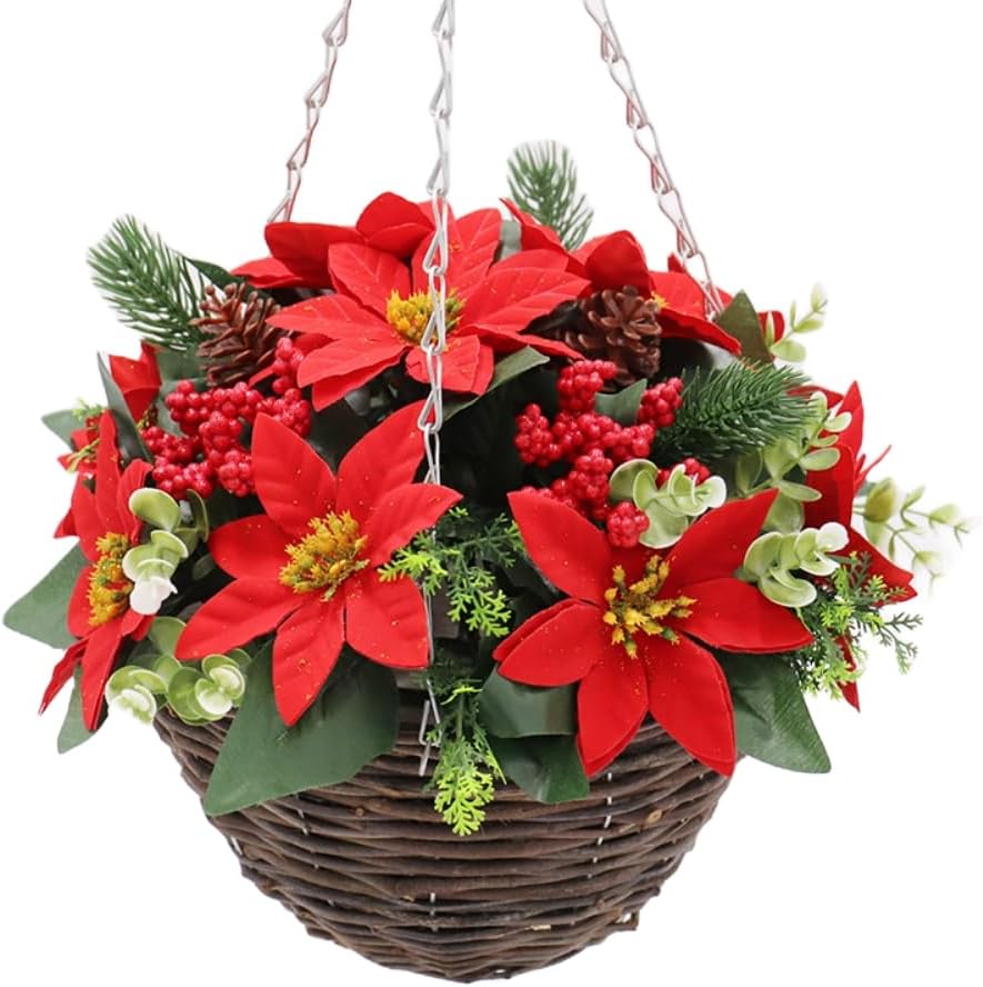 Best Artificial Christmas Poinsettia Hanging Basket, 30cm, Red Flowers ...