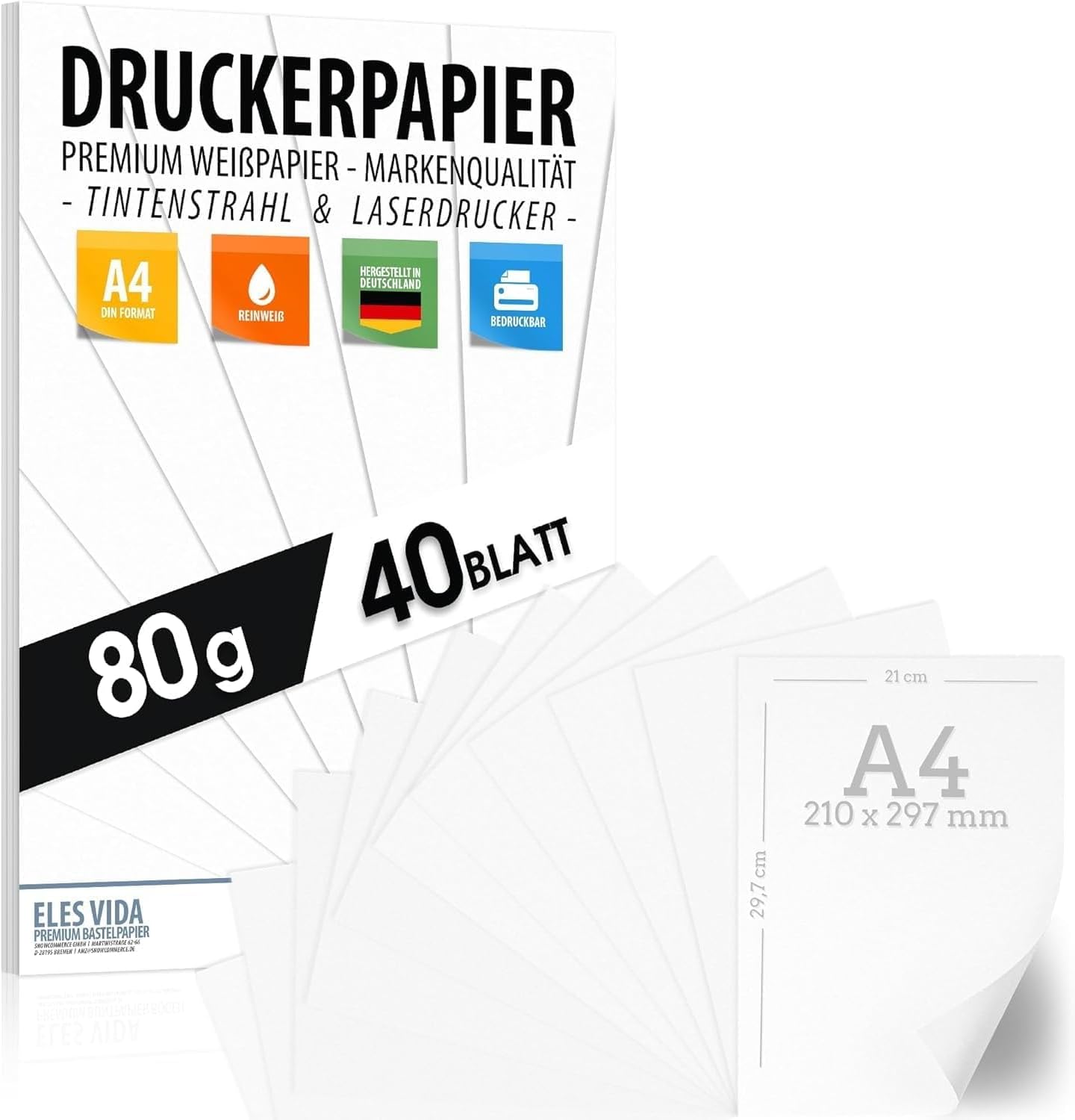 A4-Papier, 80 g, Packung mit 100 Blatt, Multifunktionspapier für Inkjet- und Laserdrucker, A4 ...