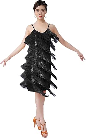 Amazon.com: BXT Women's Latin Dance Tassel Fringe Dress Strappy Sequin ...