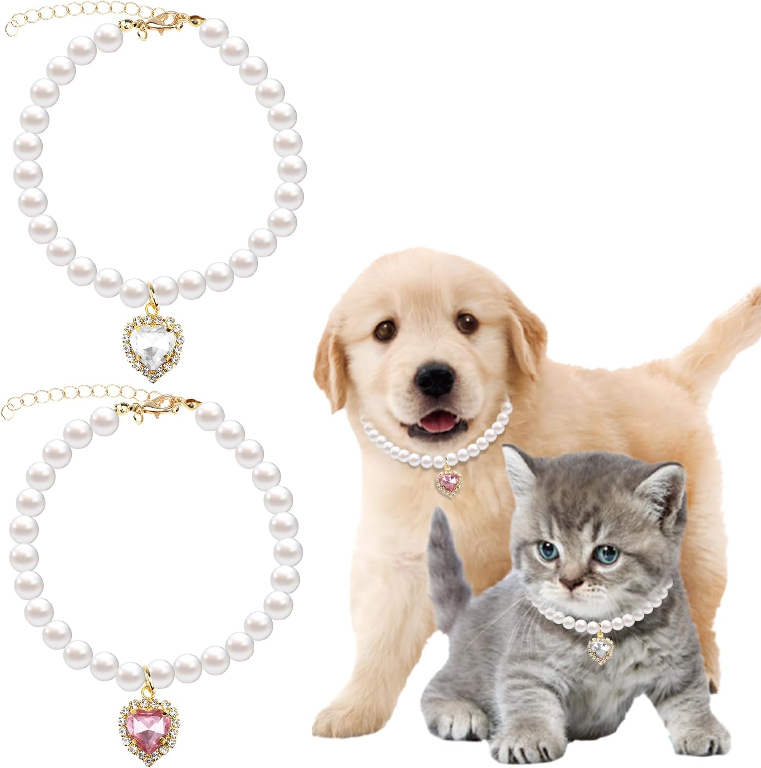 Amazon.com : 2 Pcs Girl Dog Pearl Necklace Cat Collar with Rhinestone ...