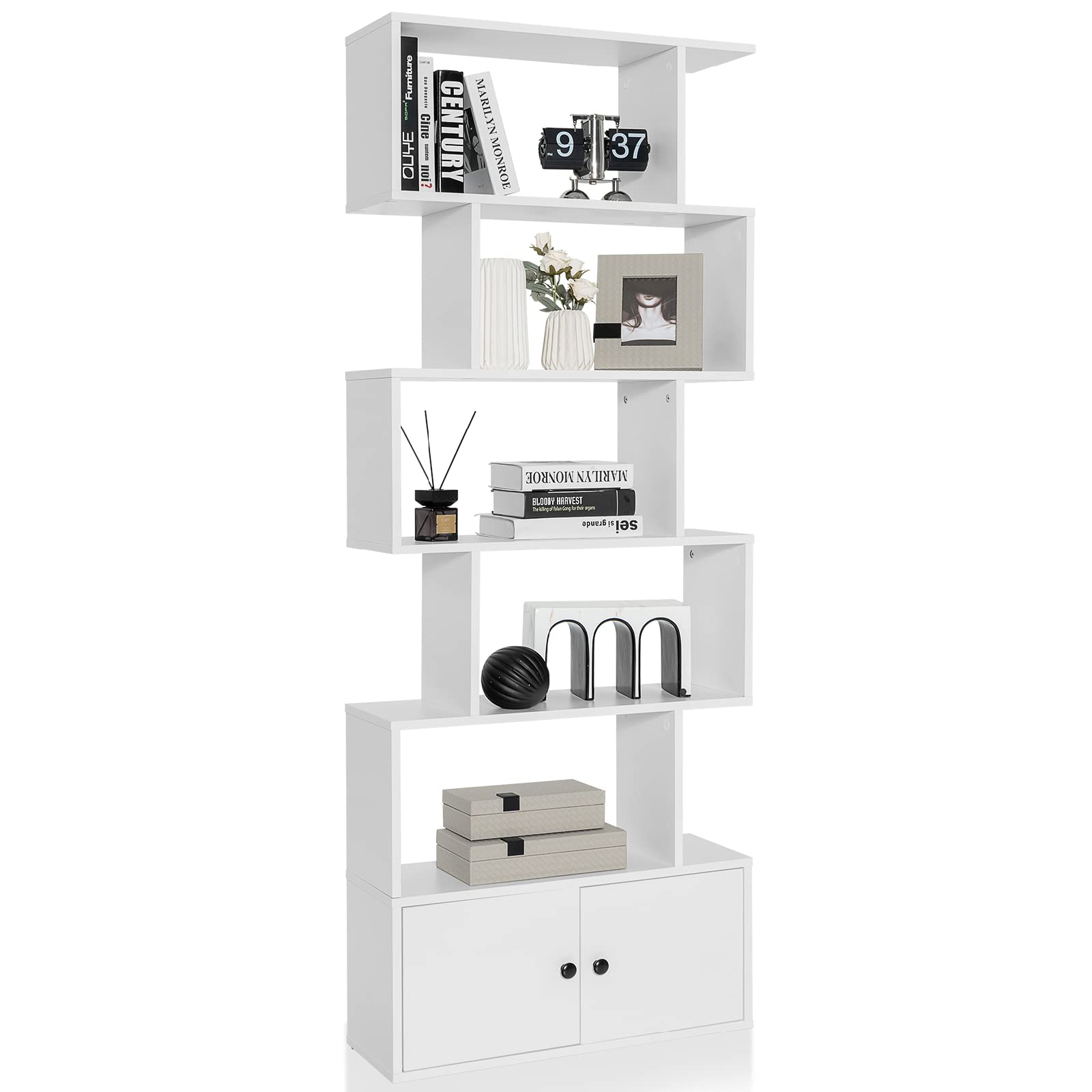 COSTWAY Wooden Bookcase, 5/6-Tier S-Shaped Storage Bookshelf with ...