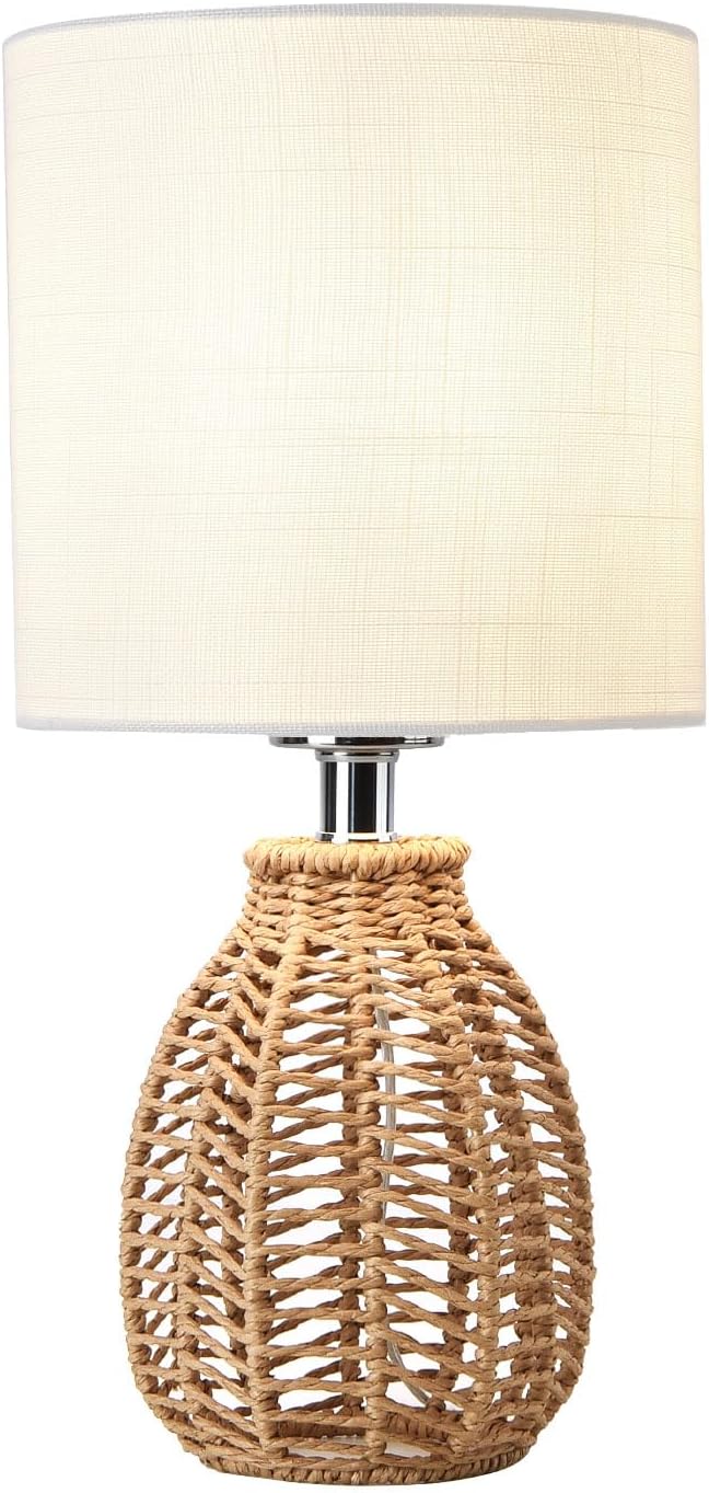 KUNJOULAM Rattan Table Lamp, Small Nightstand Lamp with Linen Fabric ...