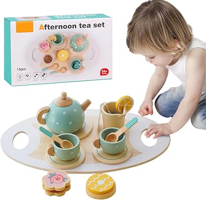 14Pcs Afternoon Tea Set Toy, Wooden Role Play Tea Party Toy, Funny ...
