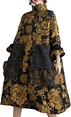 Amazon.co.jp: [Lady Lazy] [レディレイジー] モード系 7分袖 ハイネック ジャガード ワンピース 金 刺繍 ひざ丈 ...