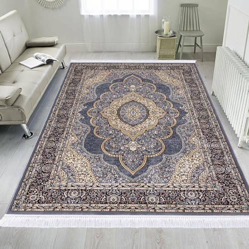 renoazul® Vintage Traditional Thick Floral Rug, Isfahan Grey, 240 cm x ...