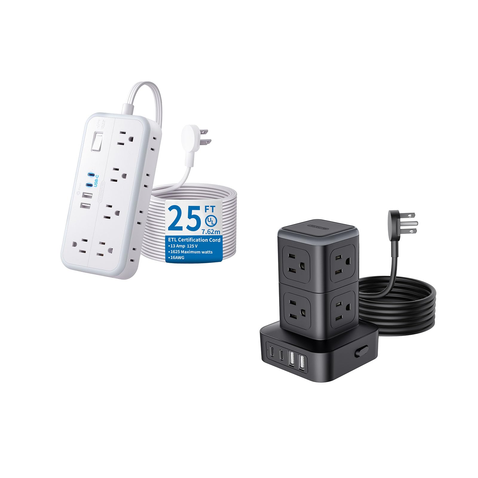 Amazon.com: 25 FT Flat Extension Cord + 5FT Tower Power Strip ...