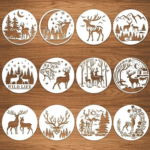Round Forest Deer Stencils, 12 Pcs Deer Stencils for Wood Slice, Forest ...