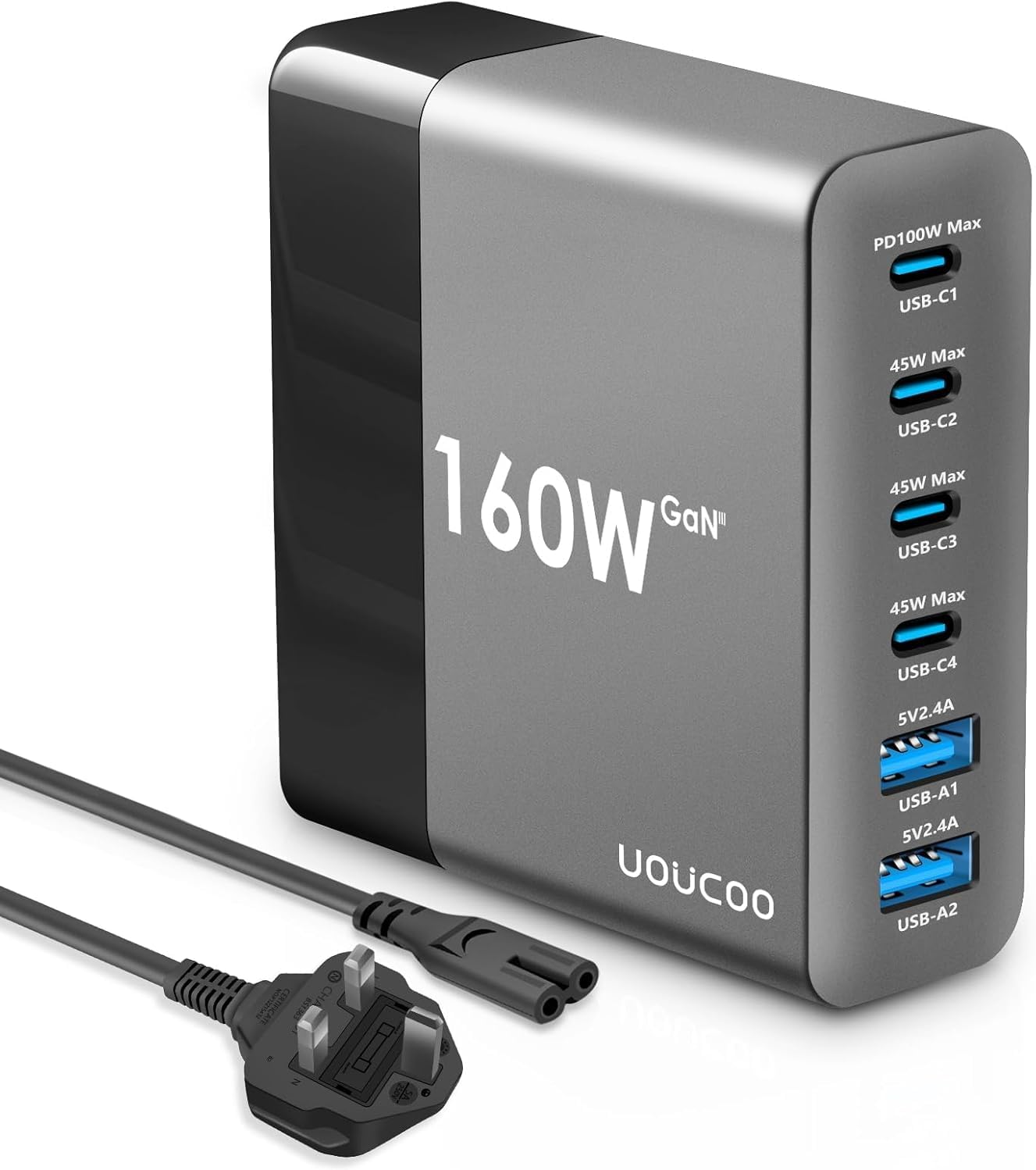 UOUCOO 160W USB-C Charger, 6-Port Fast Charger with 100W+45W ...