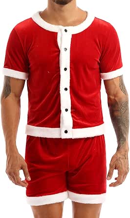 Moily Men's 2Pcs Velvet Christmas Santa Suit Short Sleeves Button Down ...