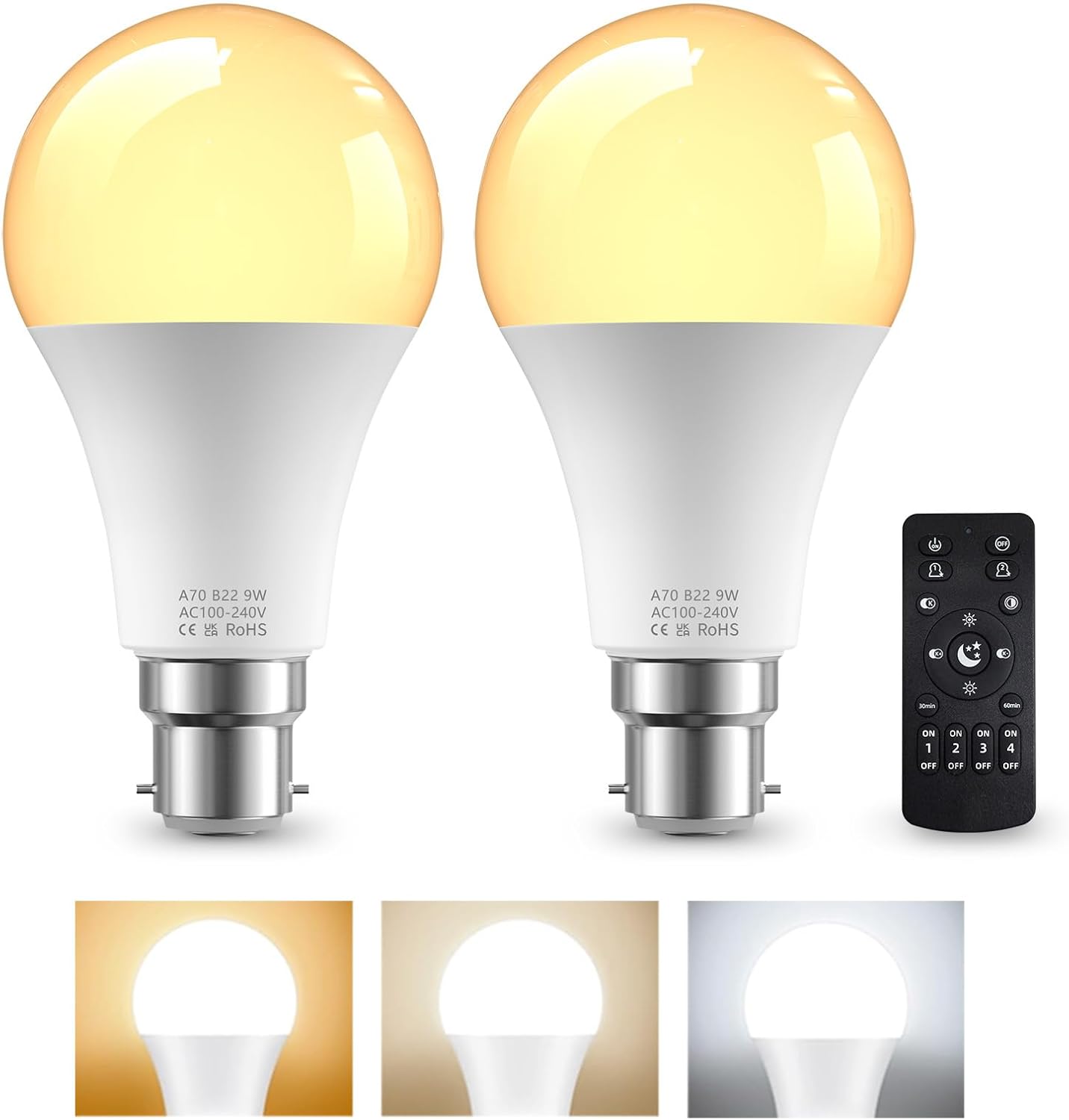 B22 LED Bulb with Remote Control, 9W LED Bulbs 60W Equivalent, 3000K ...