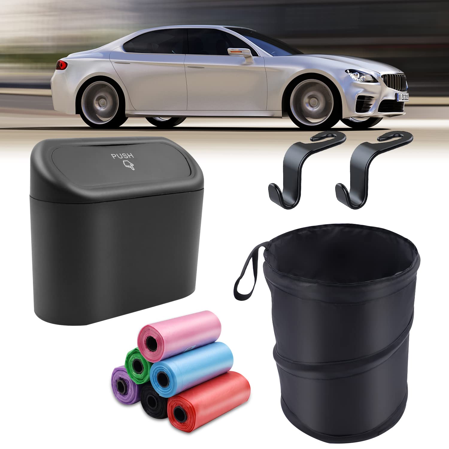 Aohcae Car Bin (Set of 4), Portable Car Trash Can with Lid+1Collapsible ...