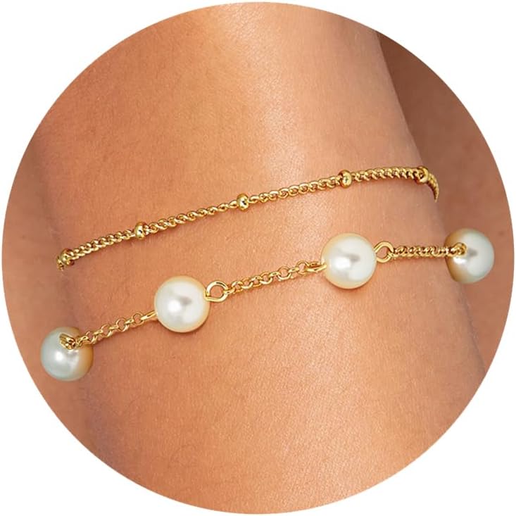 Amazon.com: TEN MIRO 16K Gold Pearl Bracelets for Women,Gold and Pearl Bracelet Dainty Simple ...