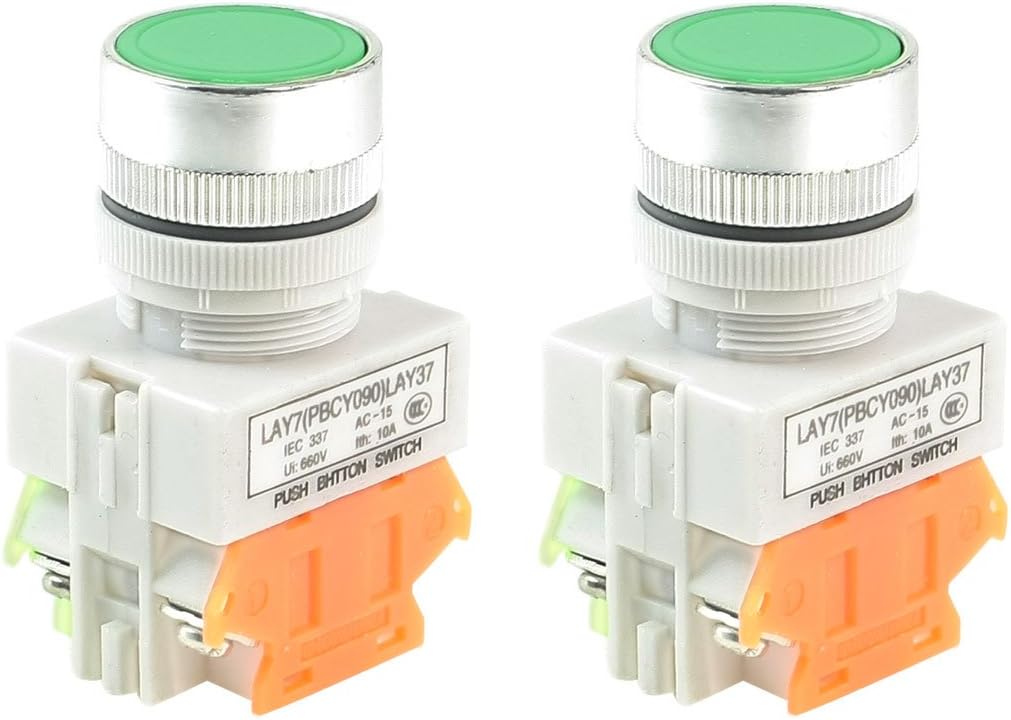 uxcell AC 660V 10 Amp Round Green Cap 1NO 1NC Non Locking Push Button ...