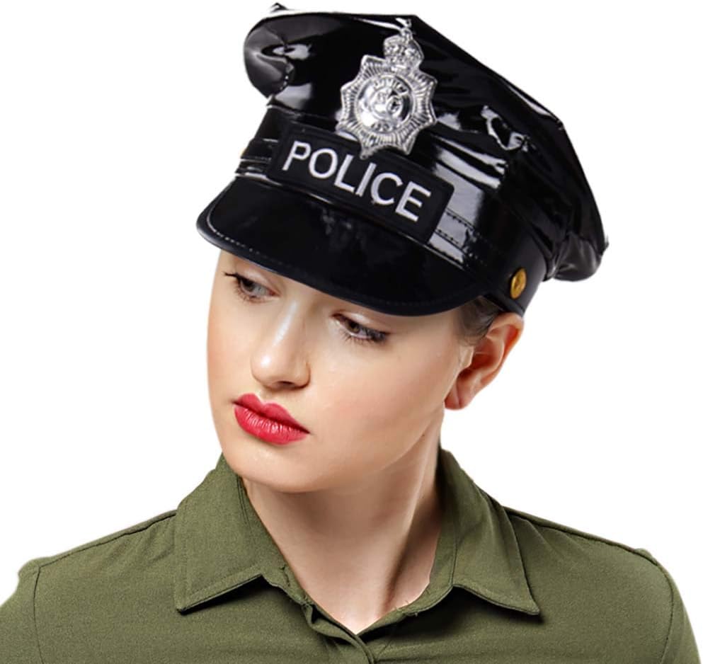 Amazon.com: Adult Police Officer Hat Black Wet Look PU Leather Police ...