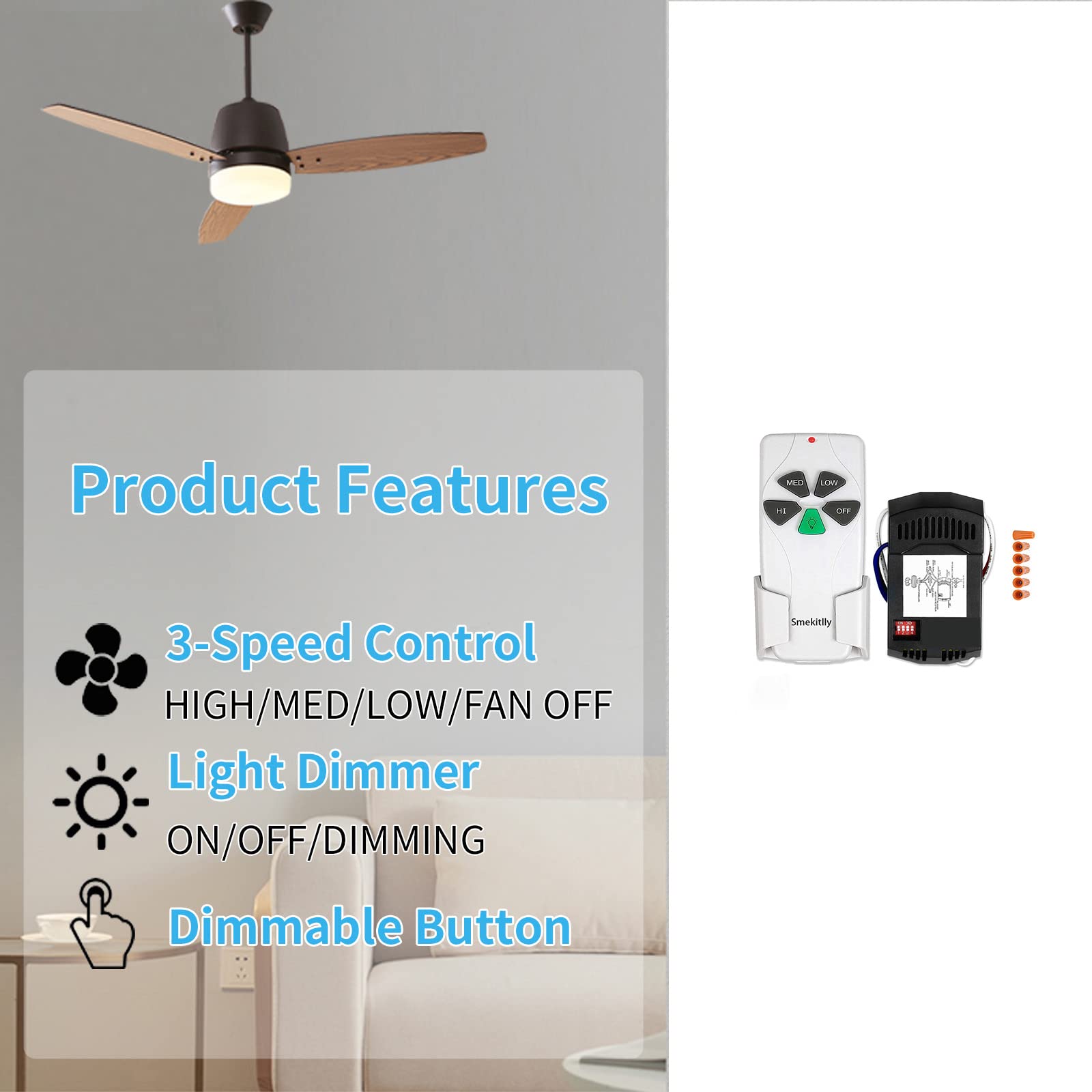 2-Pack Universal Ceiling Fan Remote Control Kit with Light Dimmer for ...