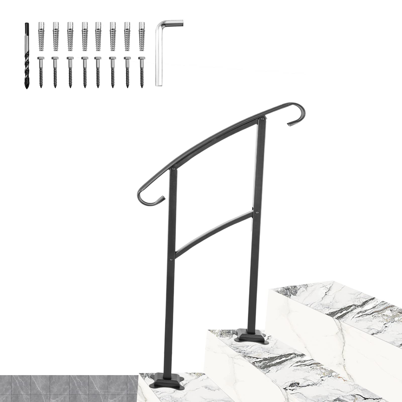 SPACEEUP Outdoor Stair Arch Handrail 1-2 Steps, Wrought Iron Railing ...